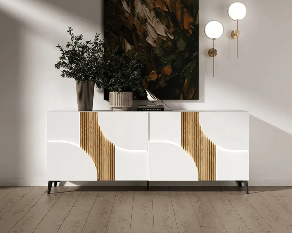 Buffet bas enfilade bahut blanc et bois - Souffle d'Intérieur